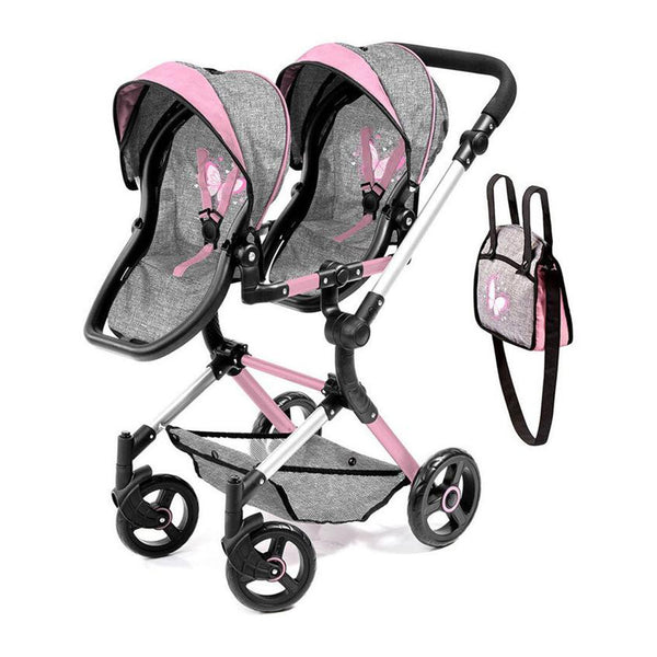 TWIN DOLL PRAM GREY AND PINK | Toyworld Frankston