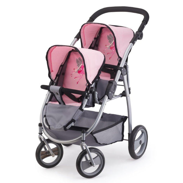 TWIN TANDEM PRAM - PINK & GREY | Toyworld Frankston